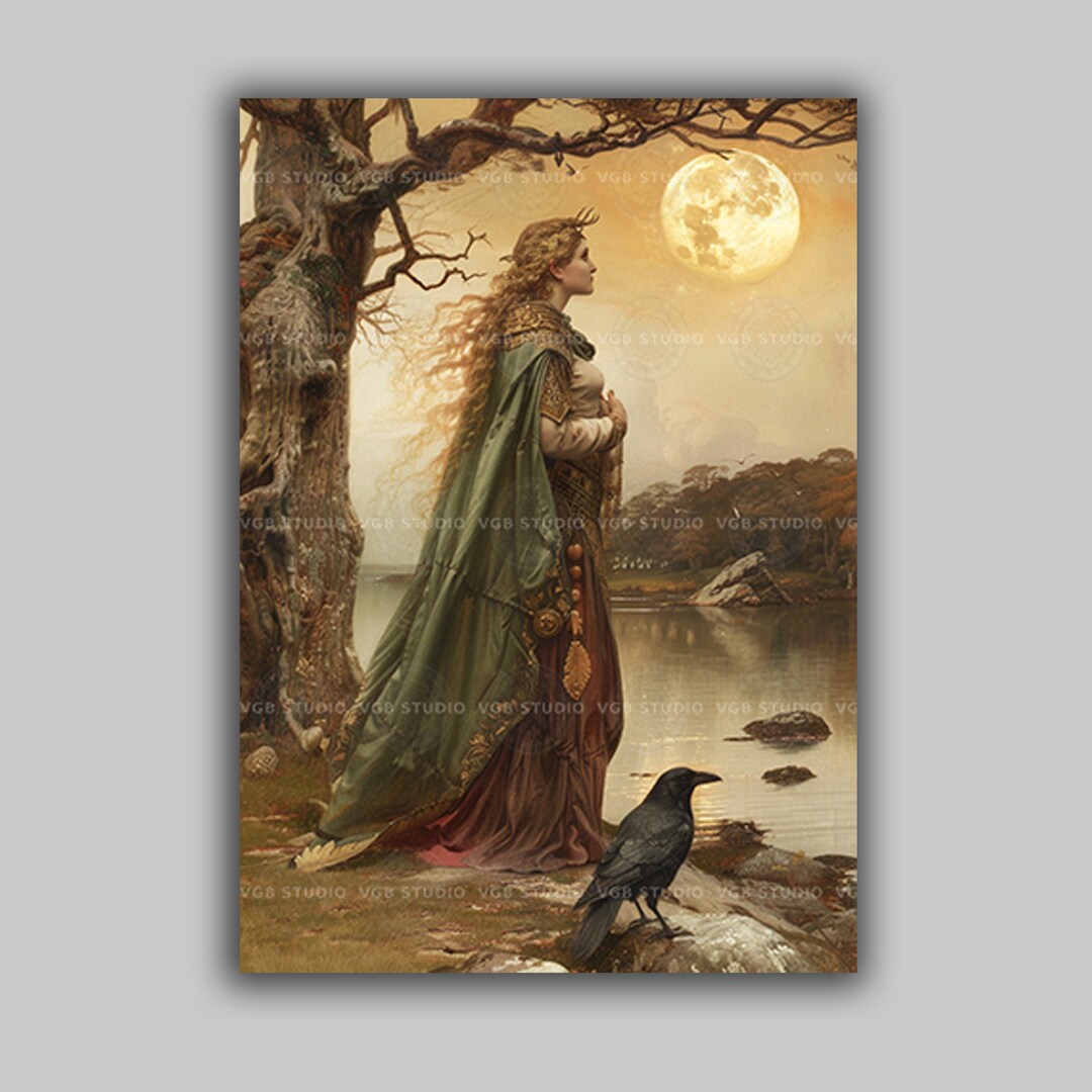Morrigan Celtic Goddess Full Moon Print, Crow Raven Wicca Pagan Artwork ...
