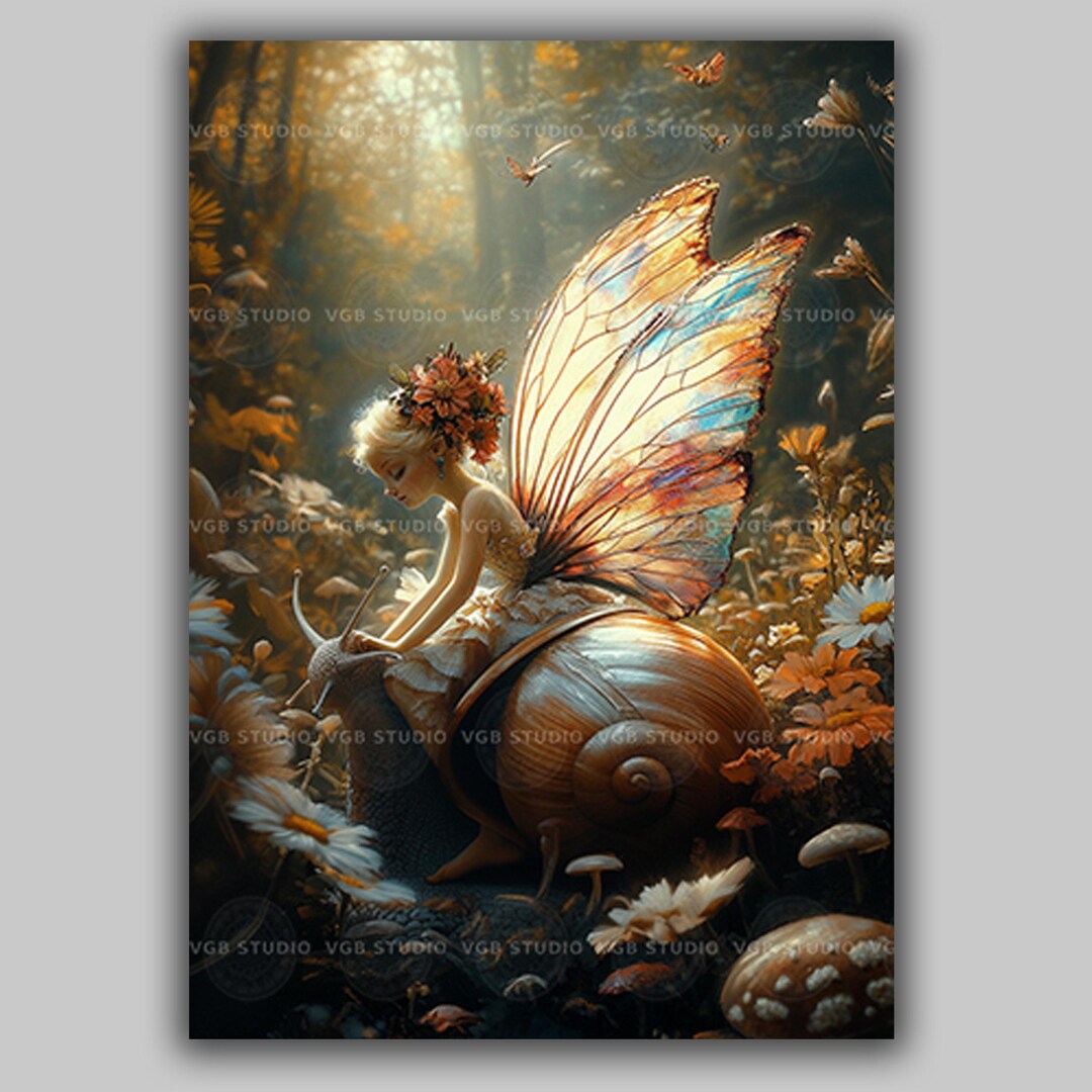 Whimsical Fairy Riding Snail Fine Art Print, Enchanting Fantasy Magical ...