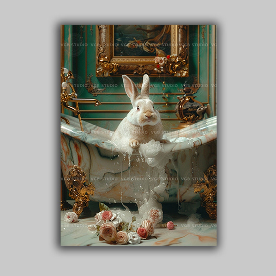 Rabbit Bath Victorian Bathtub, Hare Bathroom Whimsical Fine Art Print ...