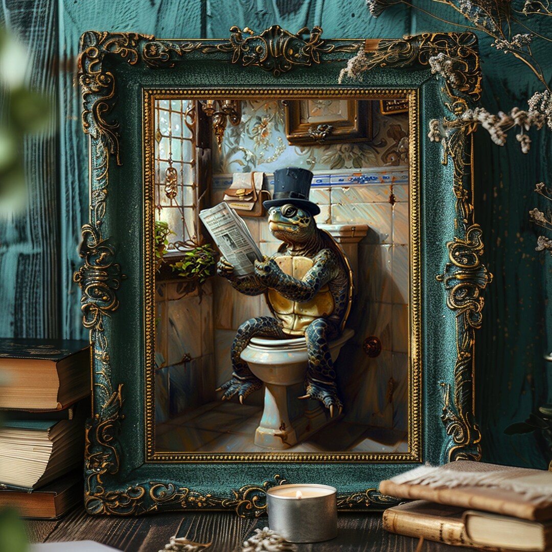 Turtle Victorian Top Hat Gentleman Reading Newspaper on Toilet ...