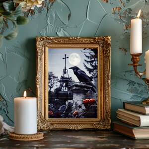 Raven Tombstone Crow Gothic Graveyard Castle, Corvid Print, Dark ...