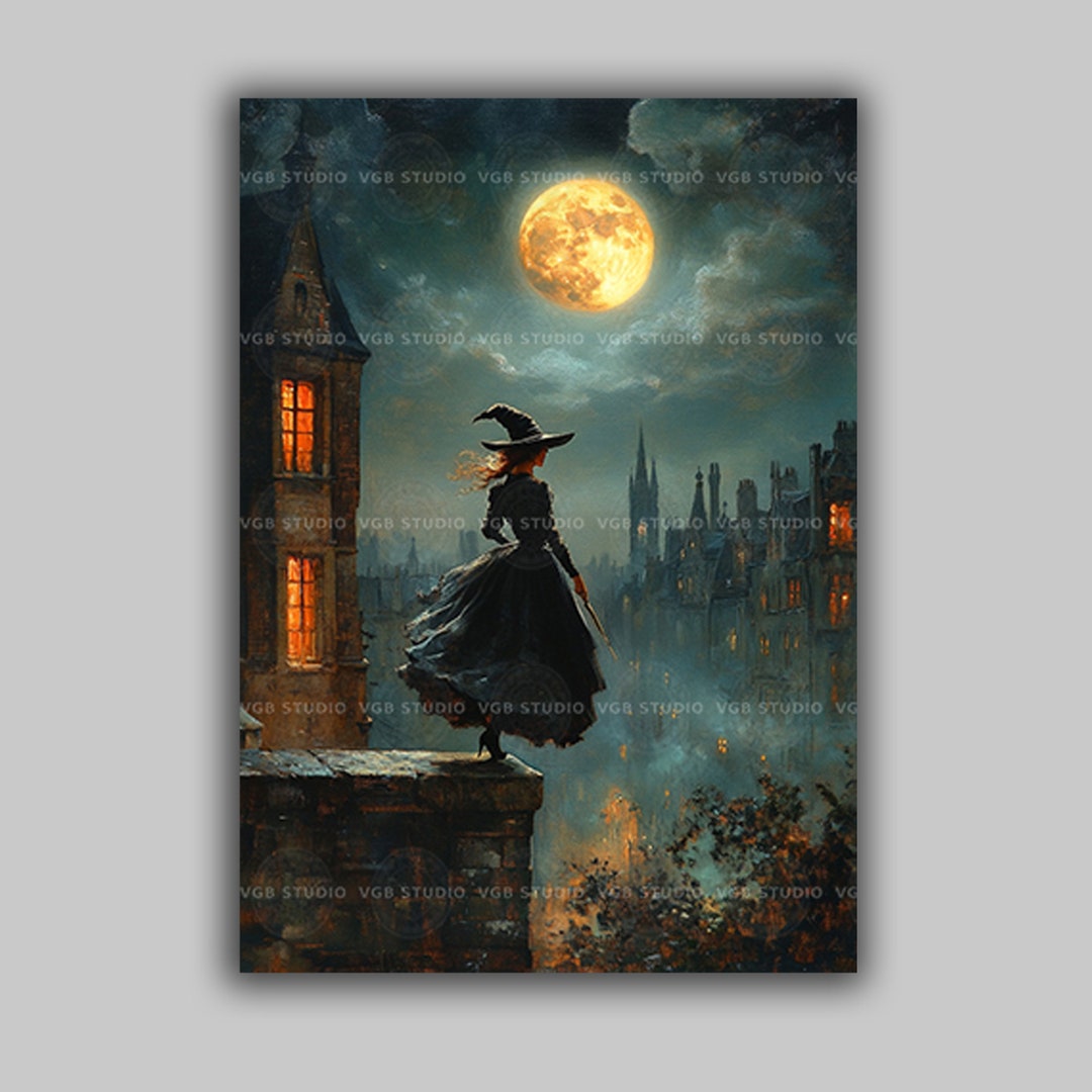 Moonlit Witch Over Gothic Rooftops Enchanting Fantasy Art Print, Full ...