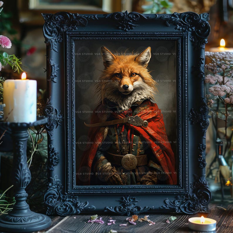 Regal Fox Art Print in Medieval Warrior Attire With Red Cloak and Sword ...