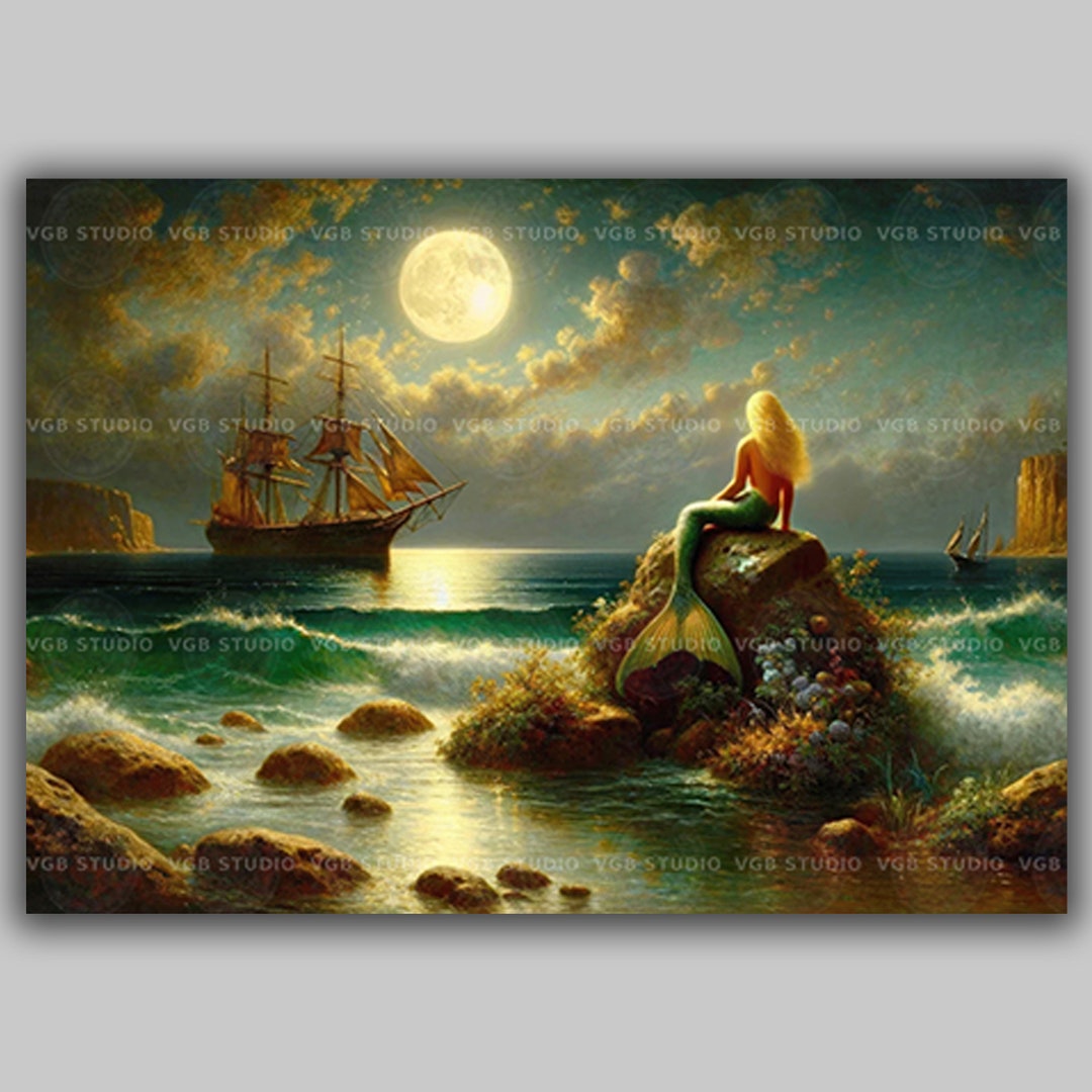 Beautiful Mermaid Contemplating Moon and Sea, Siren Whimsical Baroque ...