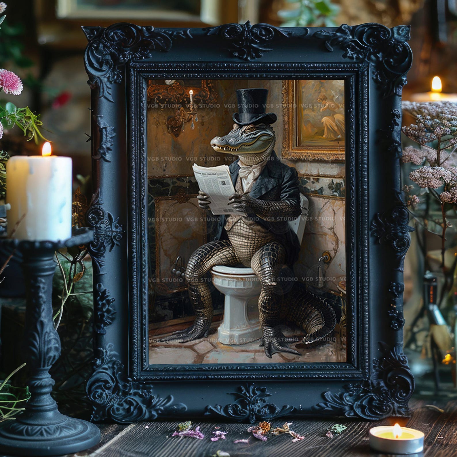 Alligator Reading Toilet Victorian Gentleman, Crocodile Baroque Poster ...
