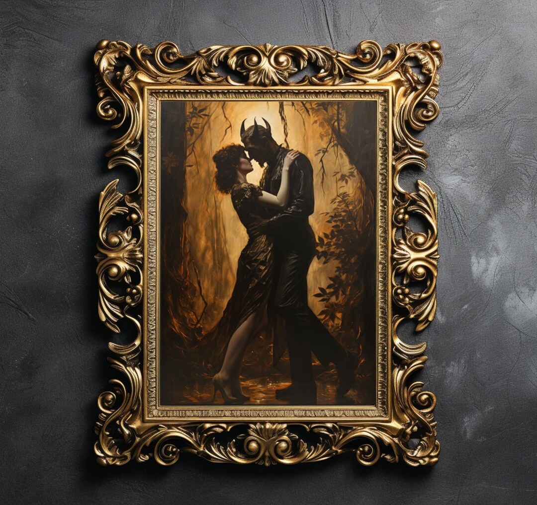 Victorian Woman Kissing Devil in Black Suit, Demon Dancing Satanic ...