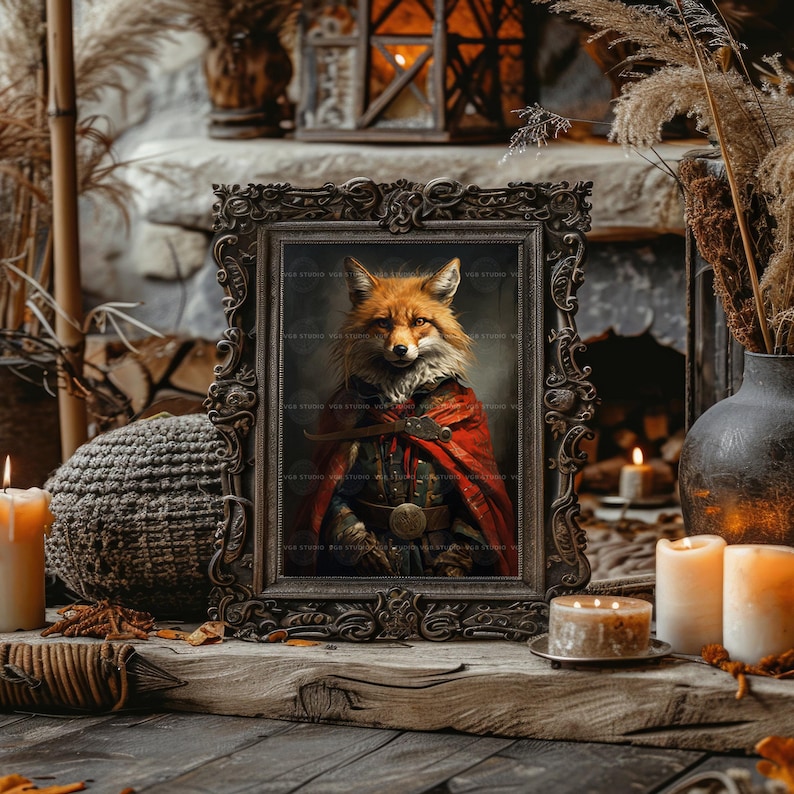 Regal Fox Art Print in Medieval Warrior Attire With Red Cloak and Sword ...