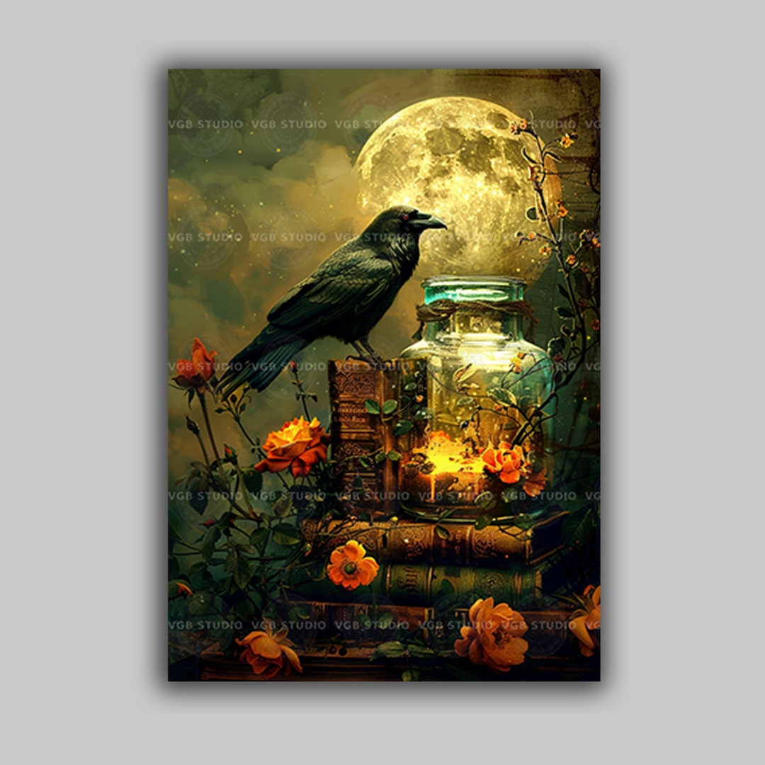 Raven and Moon Art Print Witchy Dark Academia Wall Decor Crow on Books ...