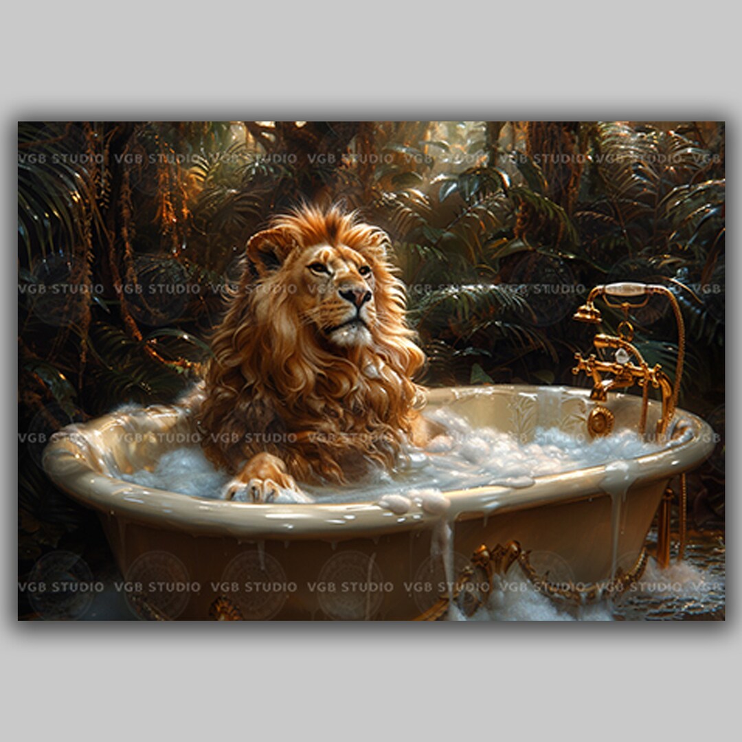 Lion Bathtub Relaxed Afternoon, Bathroom Whimsical Fine Art Print ...