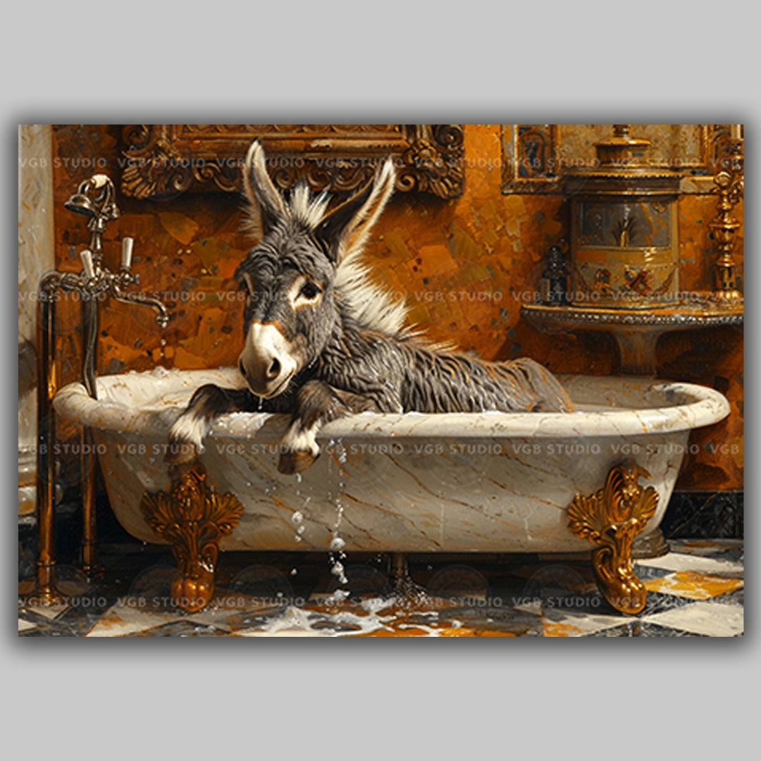 Donkey in the Bathtub Fine Art Print, Whimsical Animal Art, Playful ...