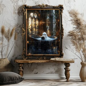 Cute Ghost Reading in Bathtub Print Gothic Bathroom Wall Art Spooky ...