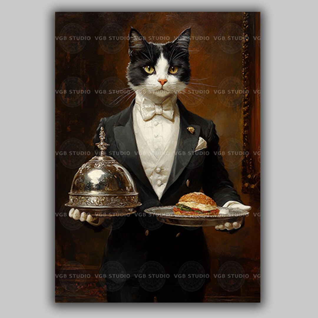 Tuxedo Cat Butler Aristocratic Feline Fine Art Poster, Whimsical Animal ...