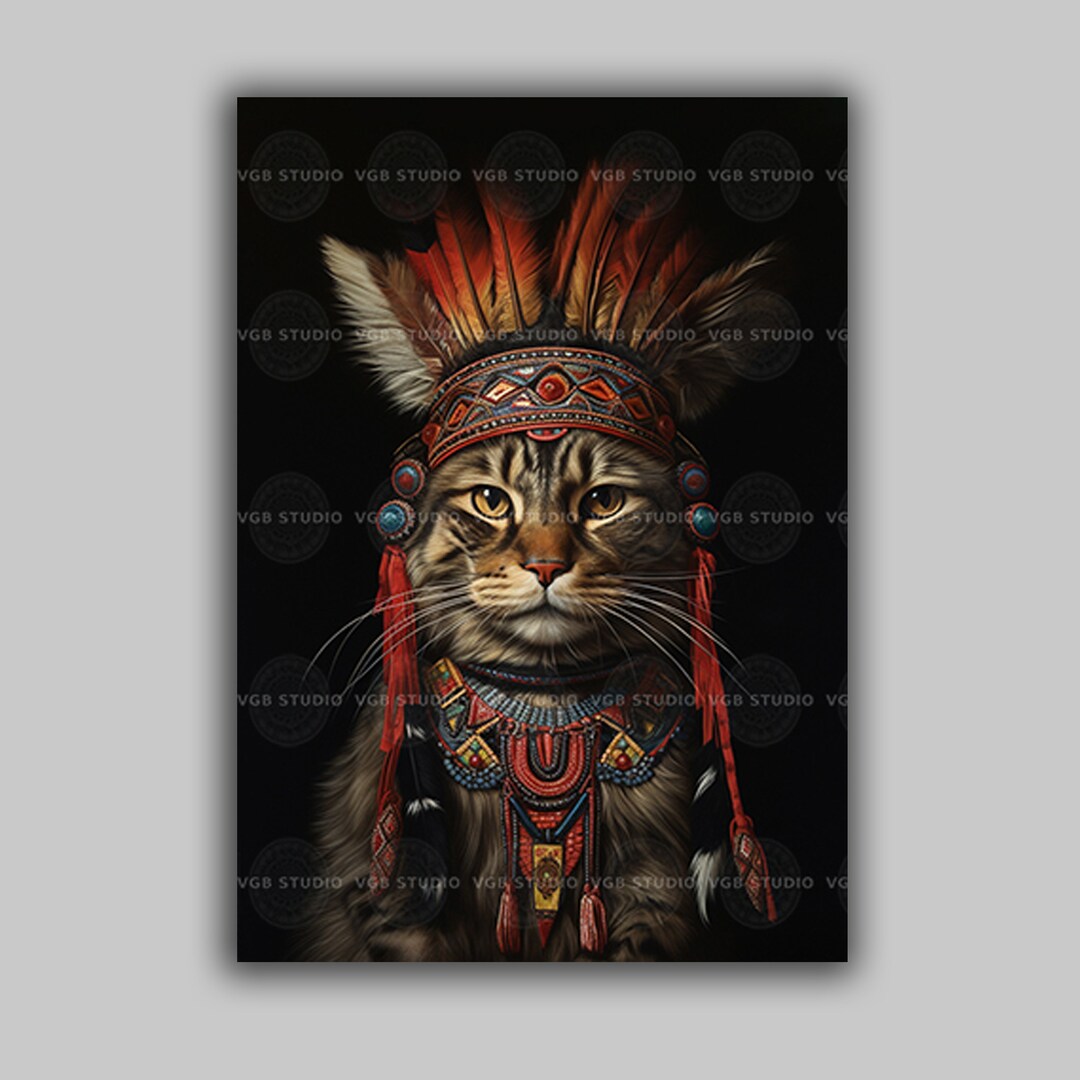 Indian Chief Cat Native American Humorous Fine Art Giclee Baroque ...