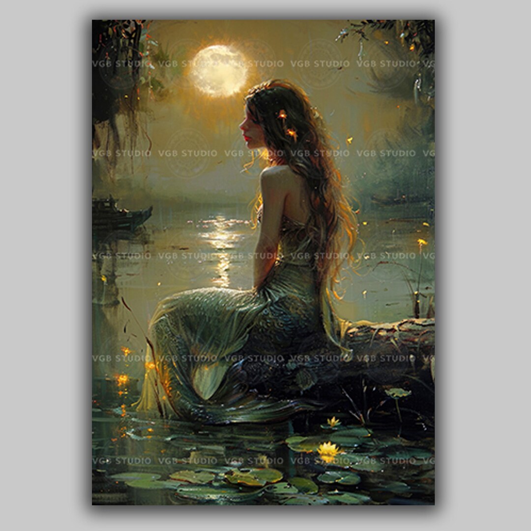 Mermaid Lagoon Dark Forest Moon Painting, Lonely Siren Wall Art, Water ...