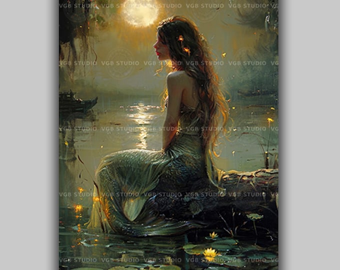 Art PRINT - Midnight Mermaids Sirens Dark Blue Foggy Night Ship Sailing ...