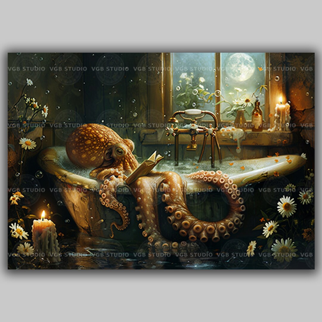 Octopus Reading Book Bathtub Cabin Forest Flowers , Bathroom Fantasy ...