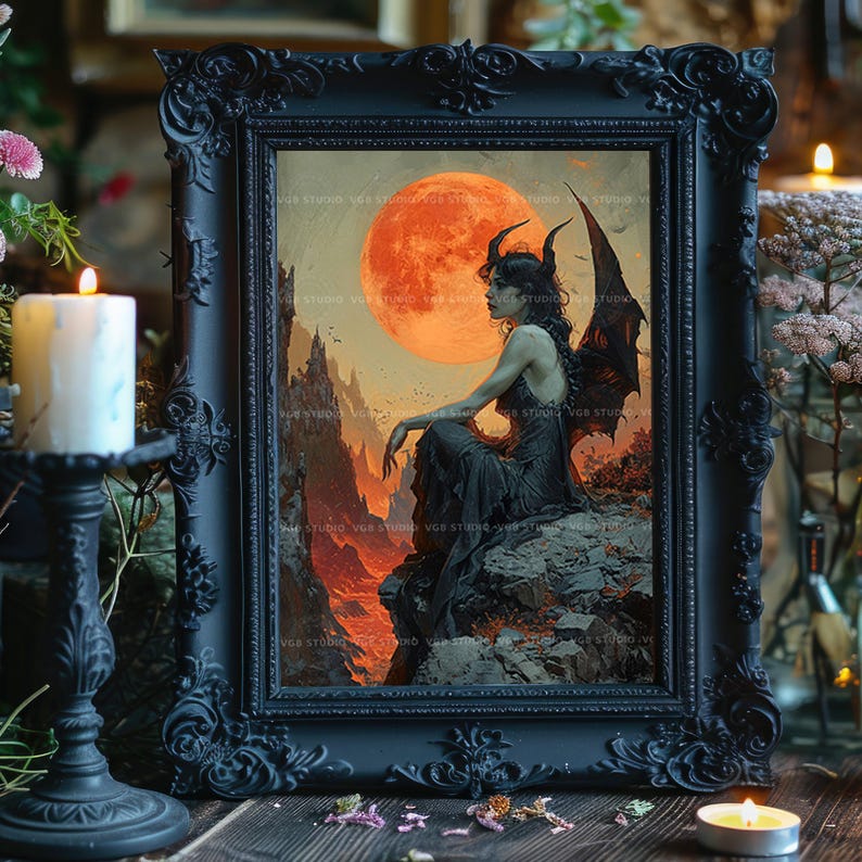 Lilith Art Print | Demon Woman With Horns Wings Orange Moon Gothic ...