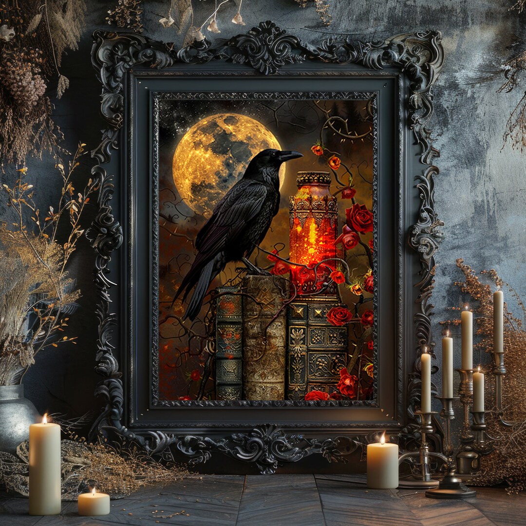 Crow Full Moon Raven Dark Forest Gothic Midnight Print, Mystic Books ...