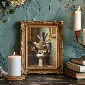 Rabbit Victorian Gentleman Hare Reading Newspaper on Toilet Whimsical ...