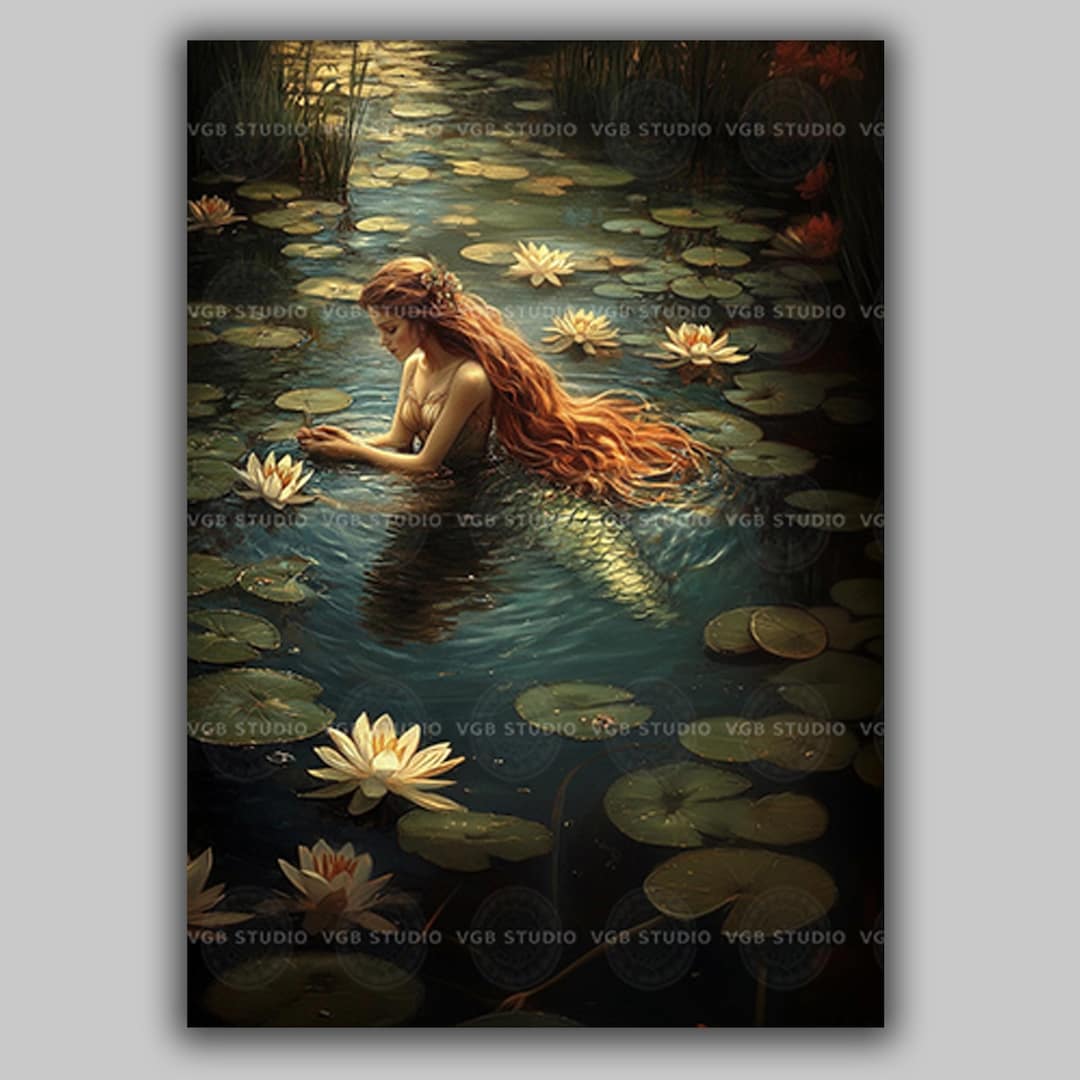 Mermaid in Lily Pond Lagoon, Serene Fantasy Art Cottagecore Gothic ...