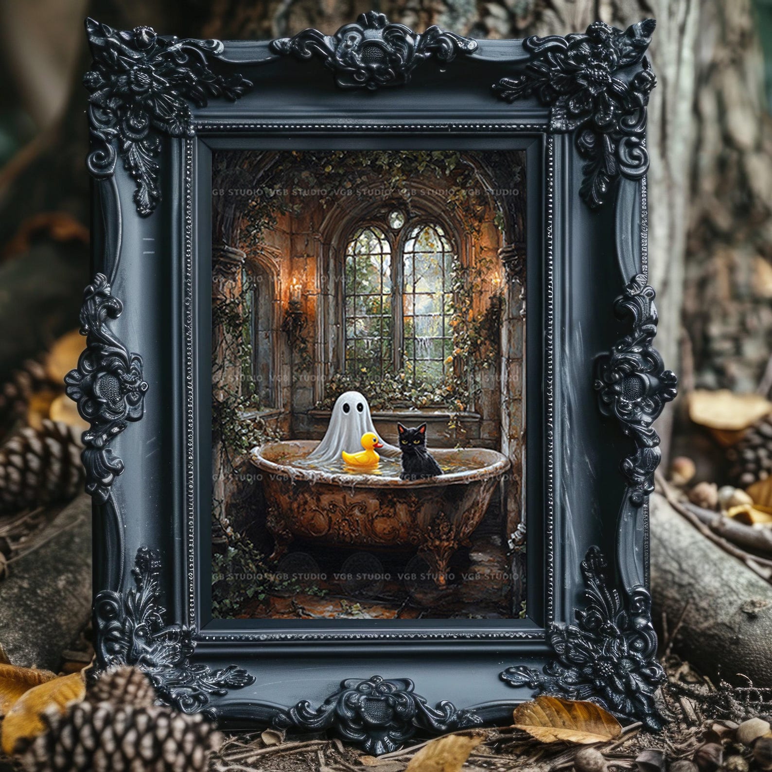 Ghost Gothic Bathtub Black Cat Rubber Duck Abandoned Castle Painting ...