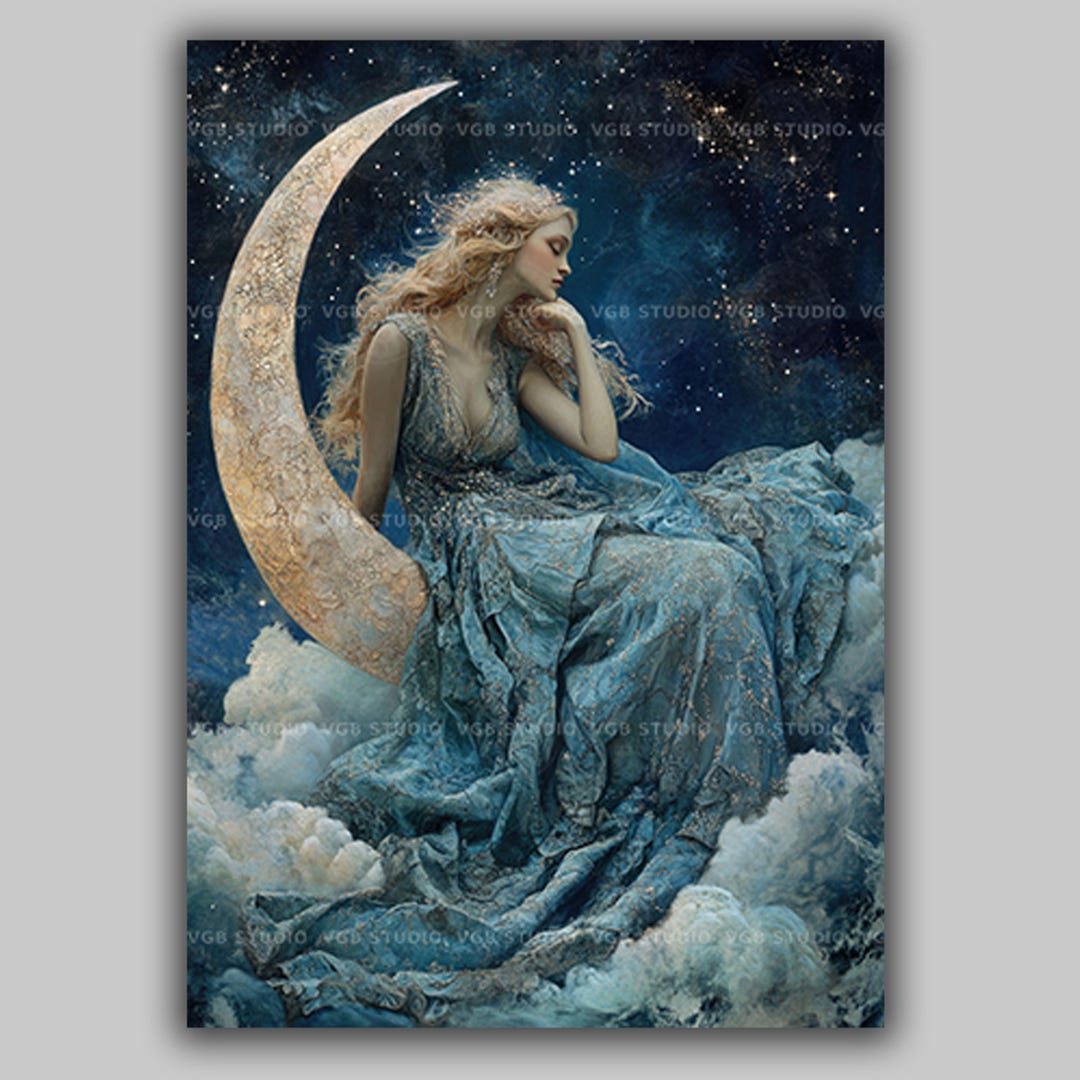 Selene Art Print Greek Moon Goddess Sitting Crescent Fantasy Wall Decor ...