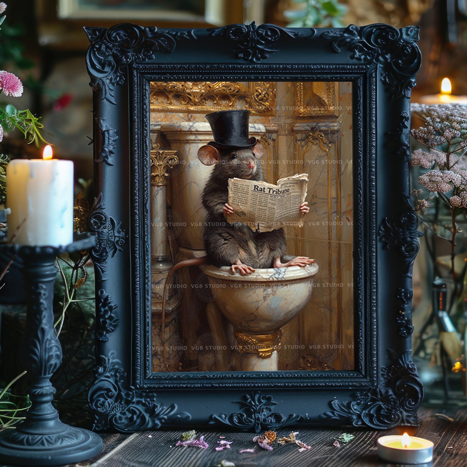 Mouse Rat Gentleman Reading Newspaper on Royal Toilet Whimsical Fine ...