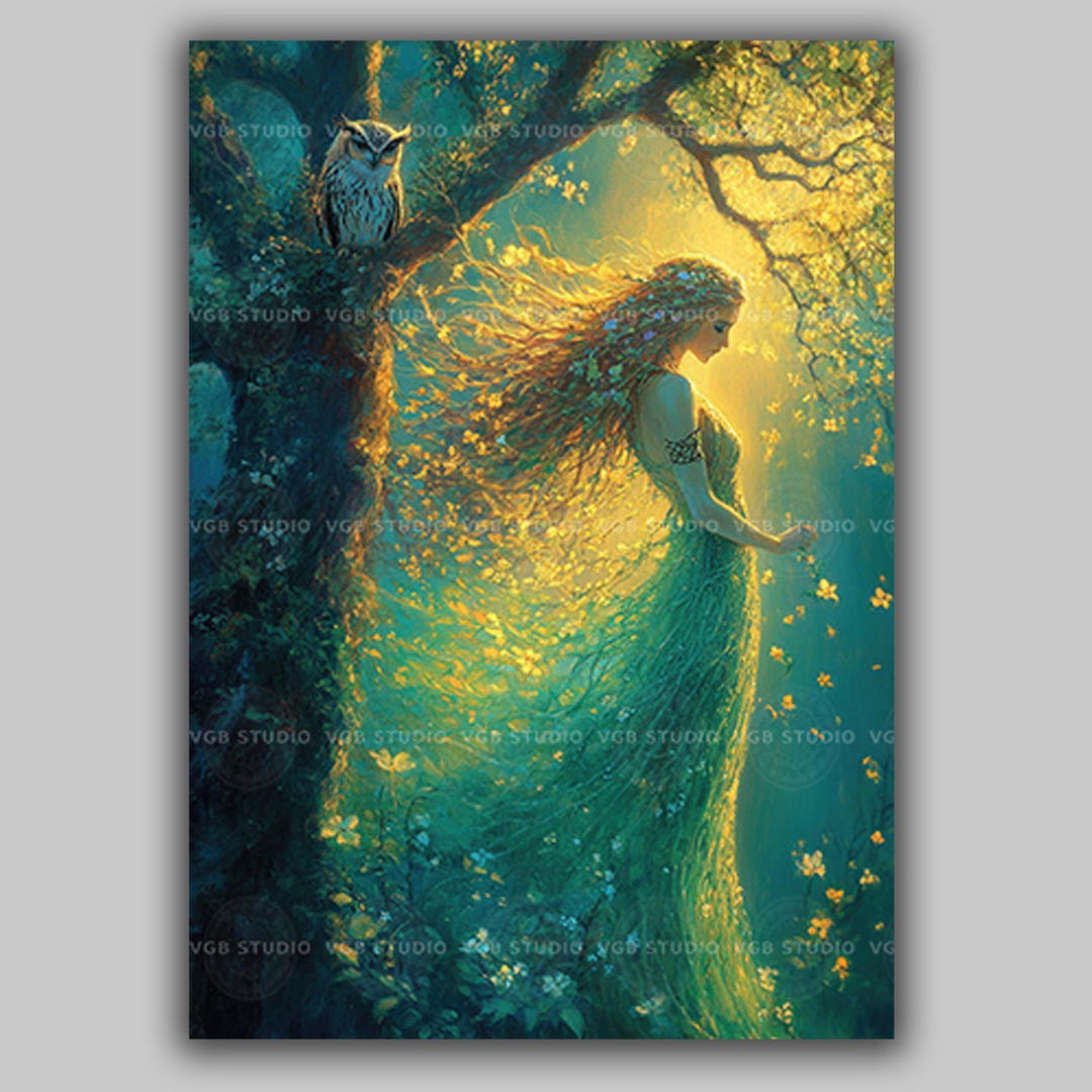 Blodeuwedd Welsh Transformation Owl Goddess Art, Radiant Floral Maiden ...