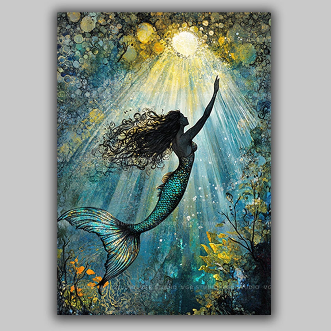 Mermaid Art Print Swimming Toward Light Fantasy Ocean Flowing Hair ...