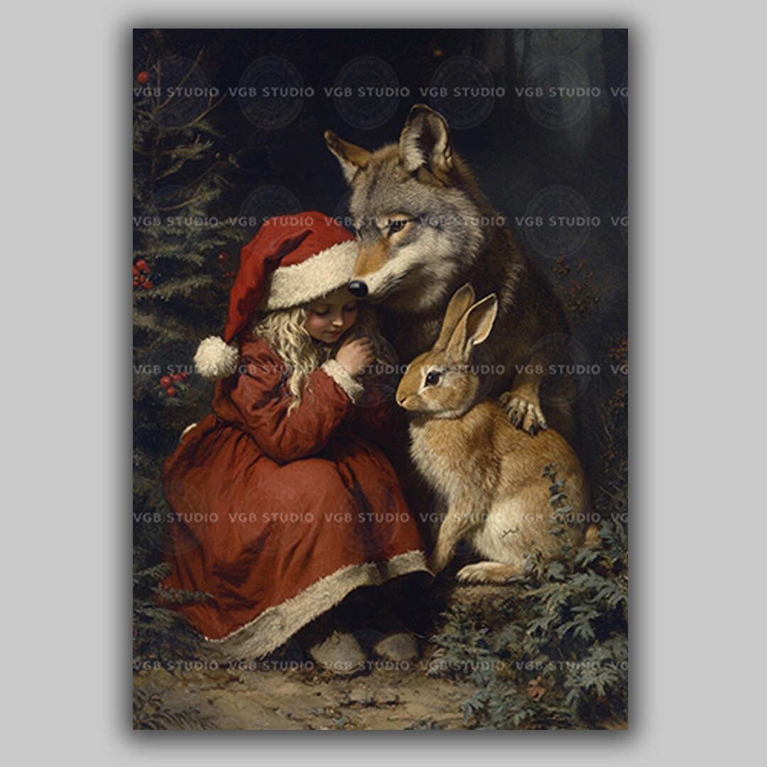 Little Red Riding Hood Wolf and Rabbit Christmas Fairytale Art ...