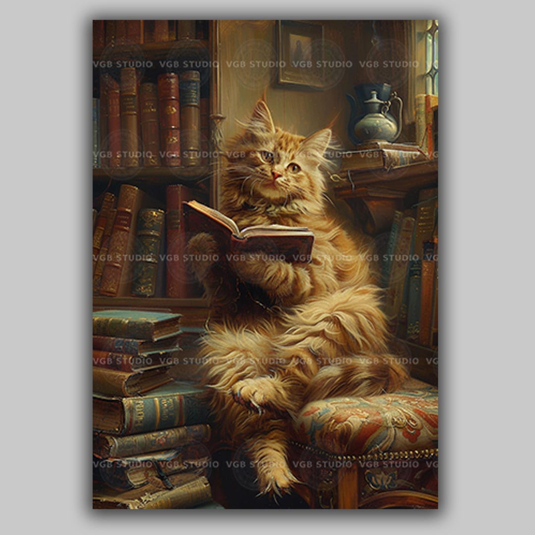 Ginger Tabby Cat Reading Book Victorian Old Library Print, Bookish ...