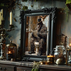 Bigfoot Reading Newspaper on Toilet Print, Sasquatch Top Hat Gentleman ...