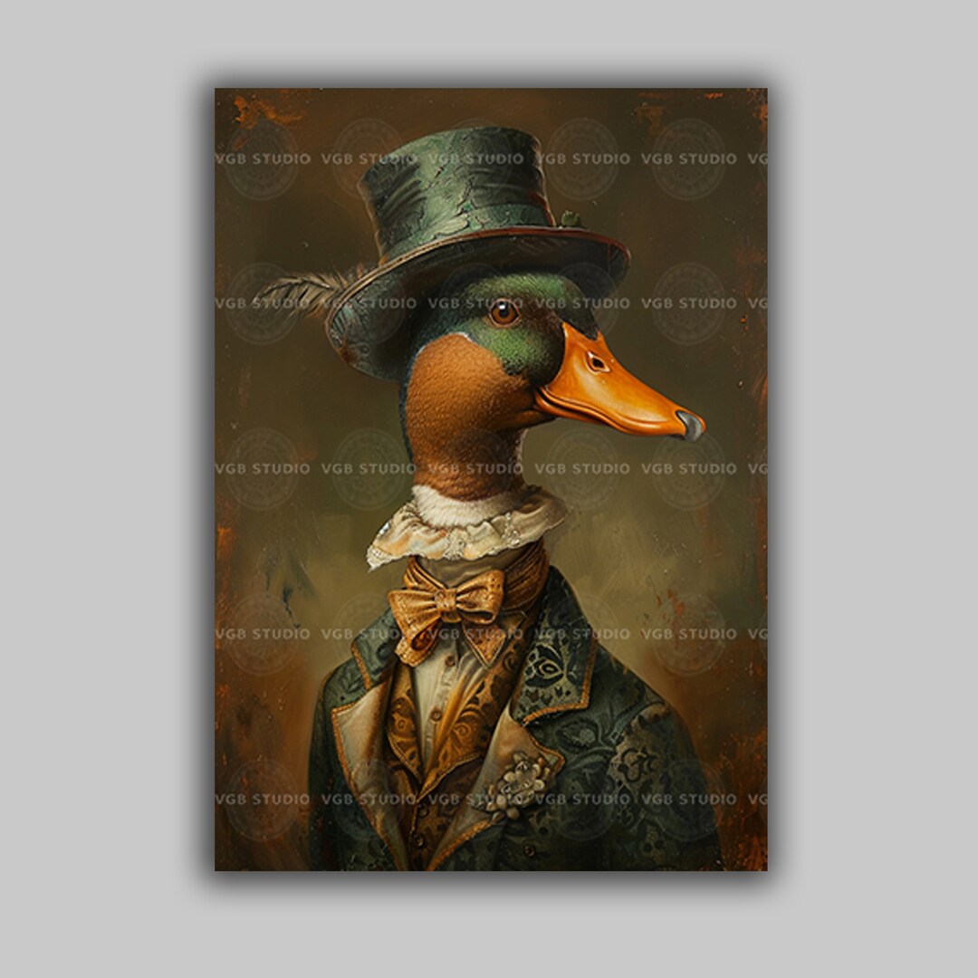 Victorian Duck Art Print Whimsical Mallard in Green Suit Funny Animal ...