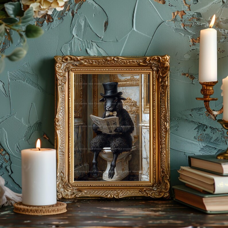 Black Sheep Gentleman Reading Newspaper on Toilet Whimsical Fine Art ...