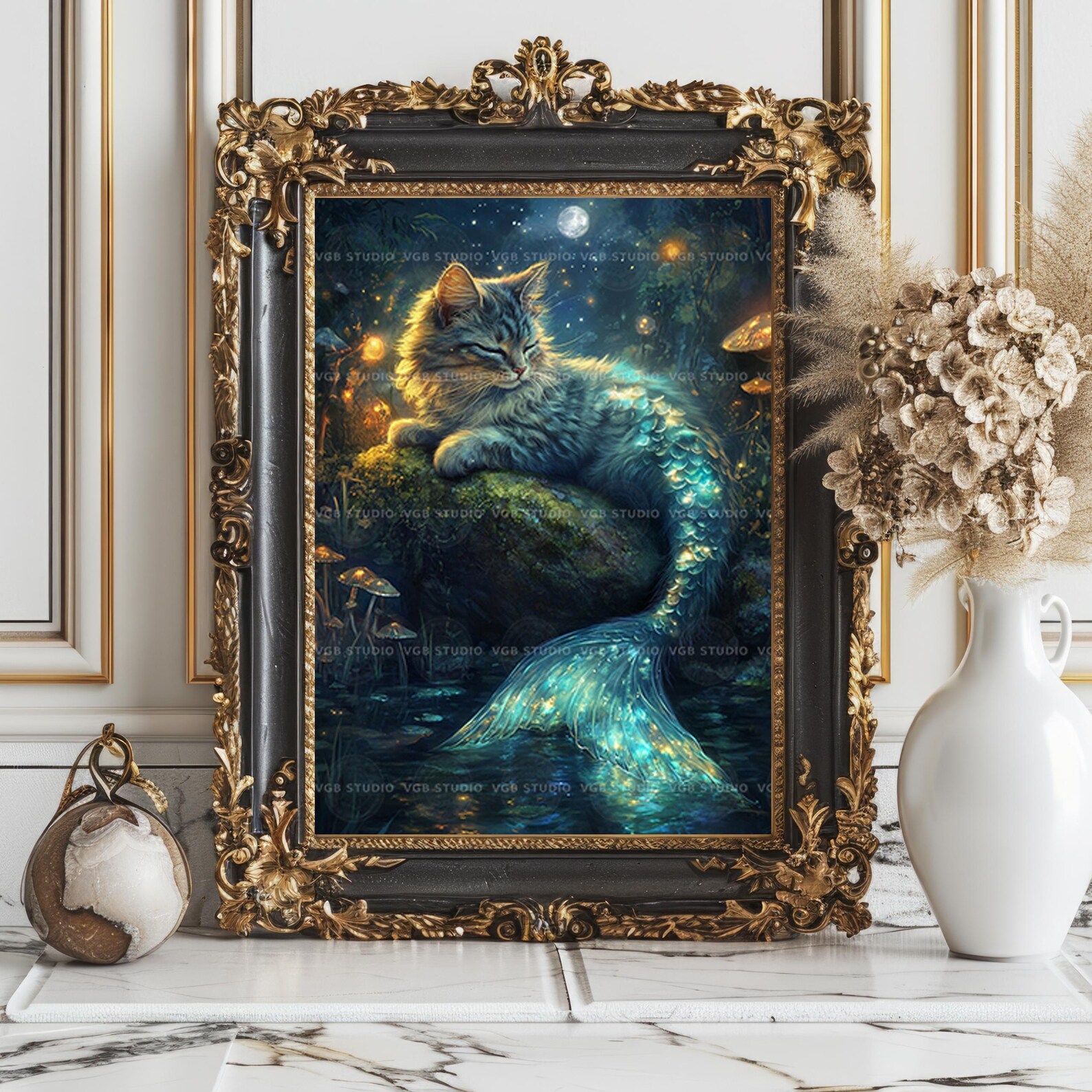 Mermaid Cat Mystical Fantasy Wall Art Enchanting Moonlit Forest Magical ...