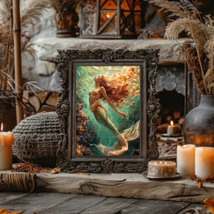 Beautiful Mermaid Swimming Underwater, Siren Whimsical Baroque Art ...
