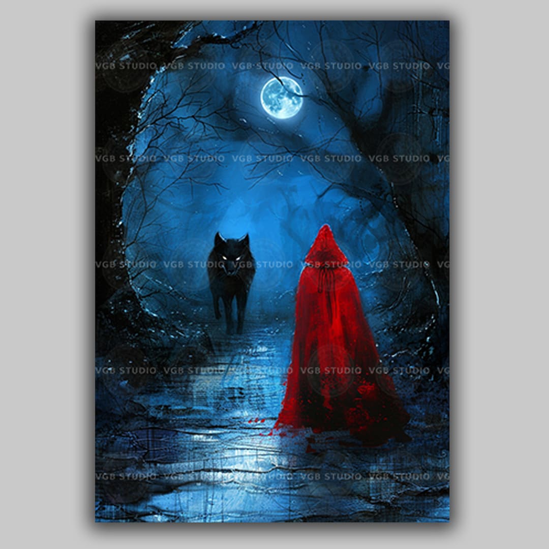 Little Red Riding Hood and Big Wolf Dark Forest Moonlit Gothic ...