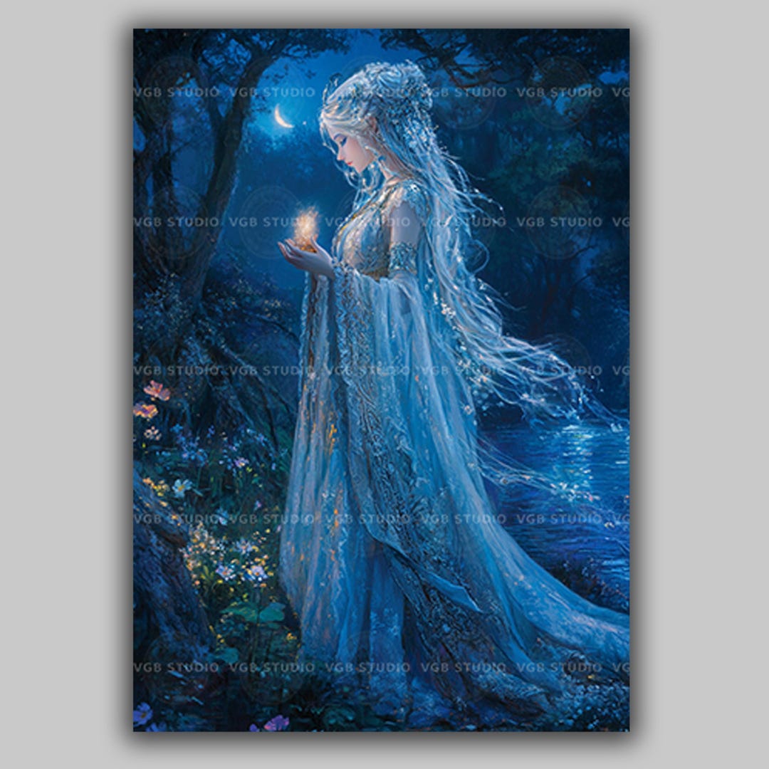 Lady of the Lake Ethereal Goddess Wall Art, Mystical Moonlit Forest ...