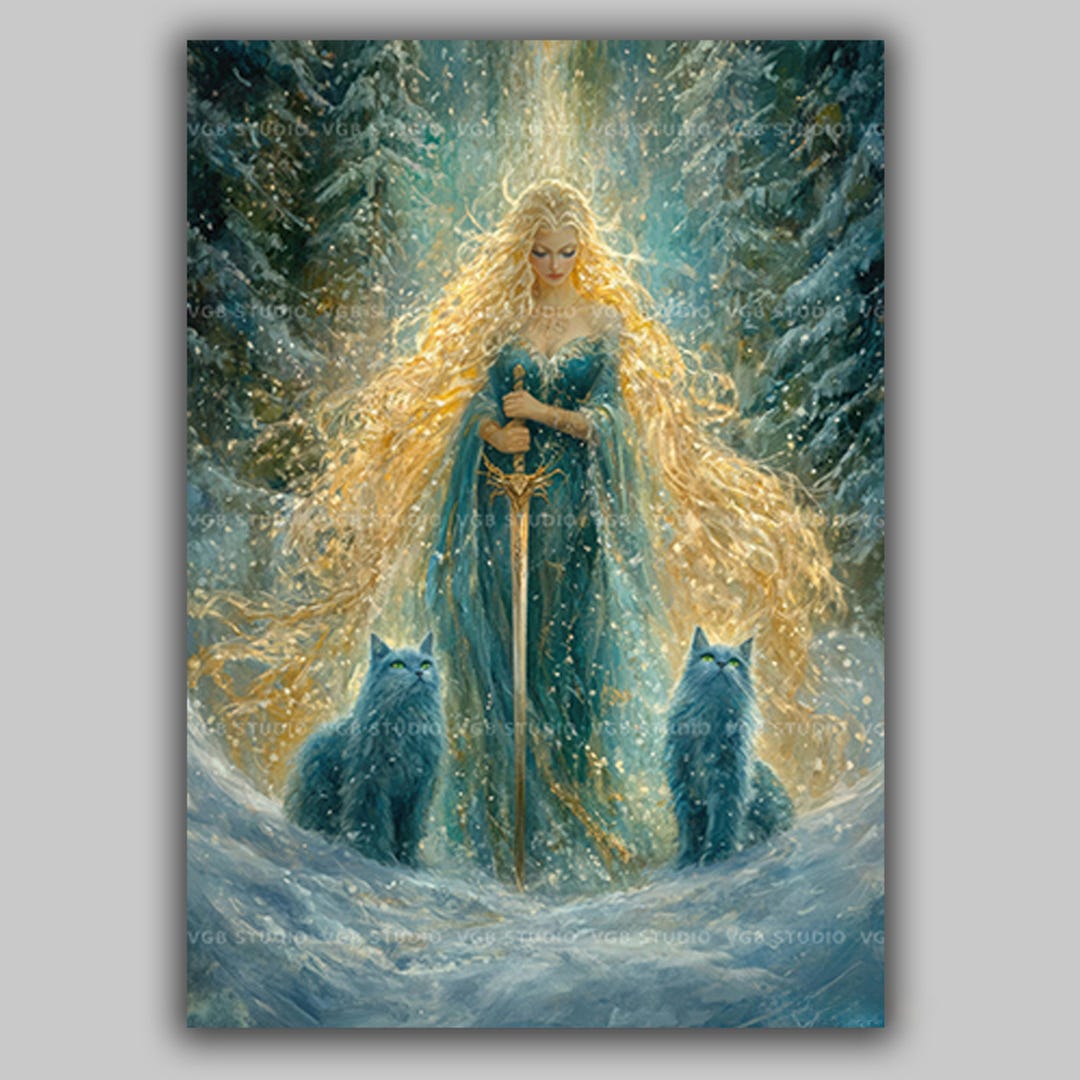 Freya Norse Goddess Art Print With Sword and Blue Cats, Freyja Radiant ...