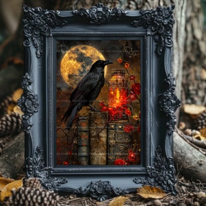 Raven Art Print Gothic Moon Book Decor Dark Academia Wall Illustration ...