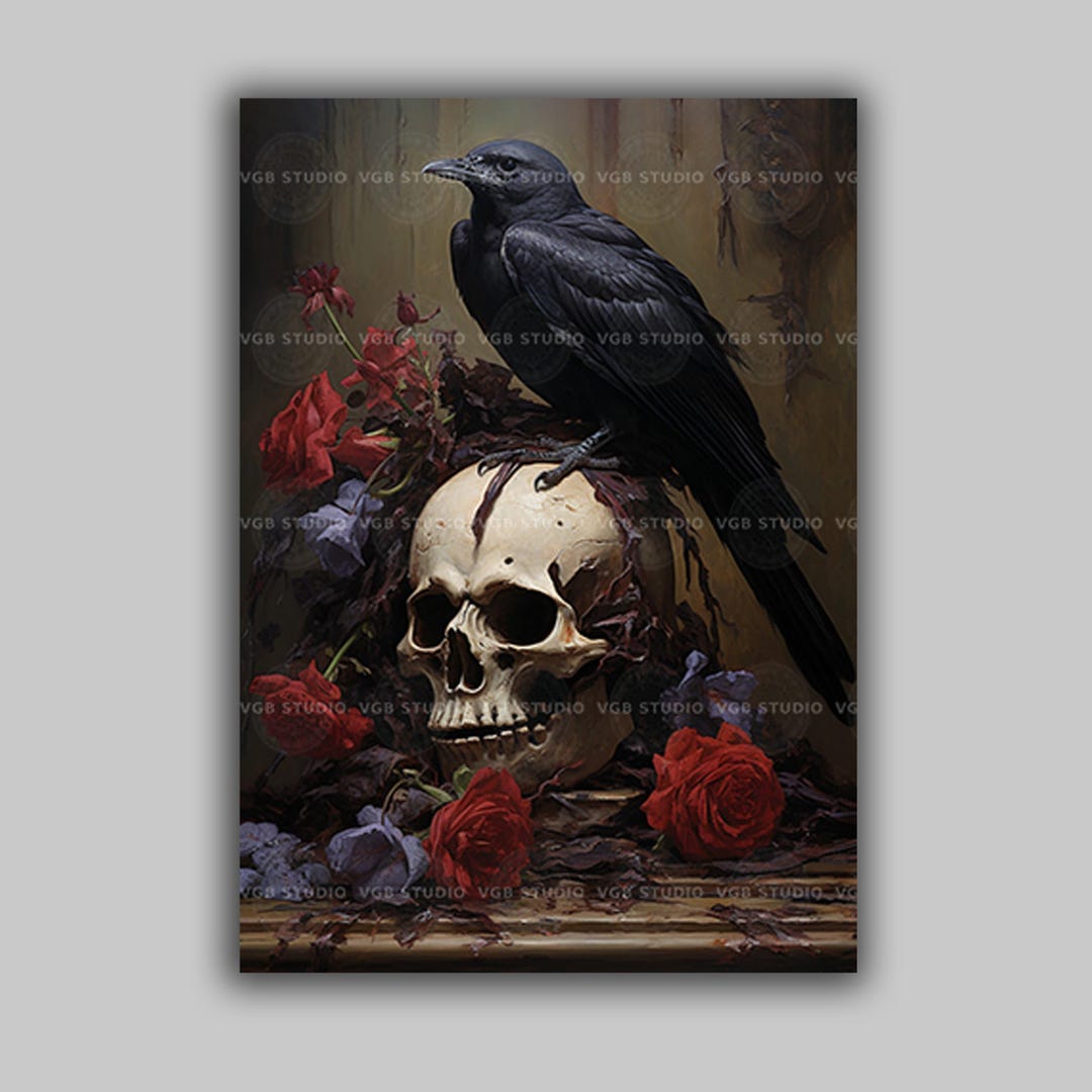 Raven on Skull Art Print Gothic Still Life Painting Dark Vanitas Wall ...