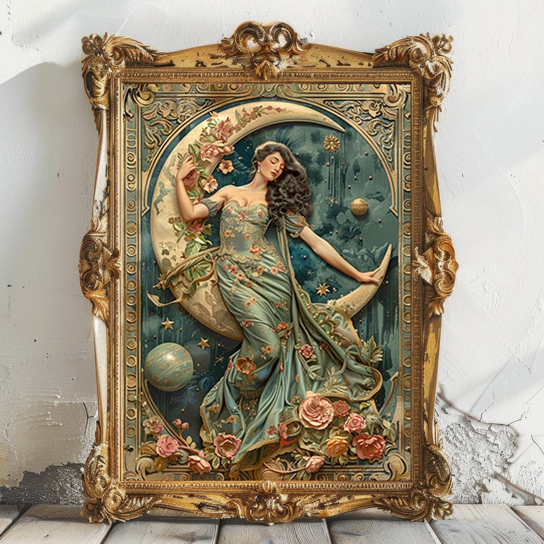 Selene Moon Greek Goddess, Art Deco Luna Vintage Painting, Celestial ...