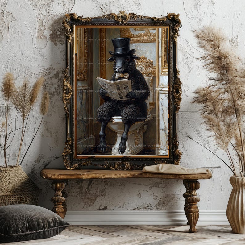 Black Sheep Gentleman Reading Newspaper on Toilet Whimsical Fine Art ...