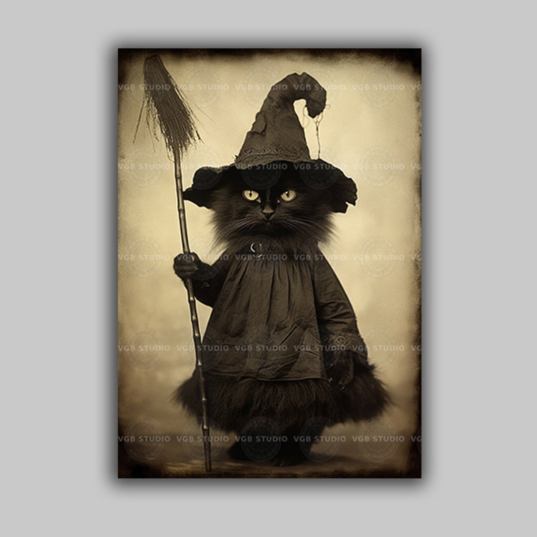 Witch Black Cat Art Print Vintage Halloween Feline Witch Decor Sepia ...