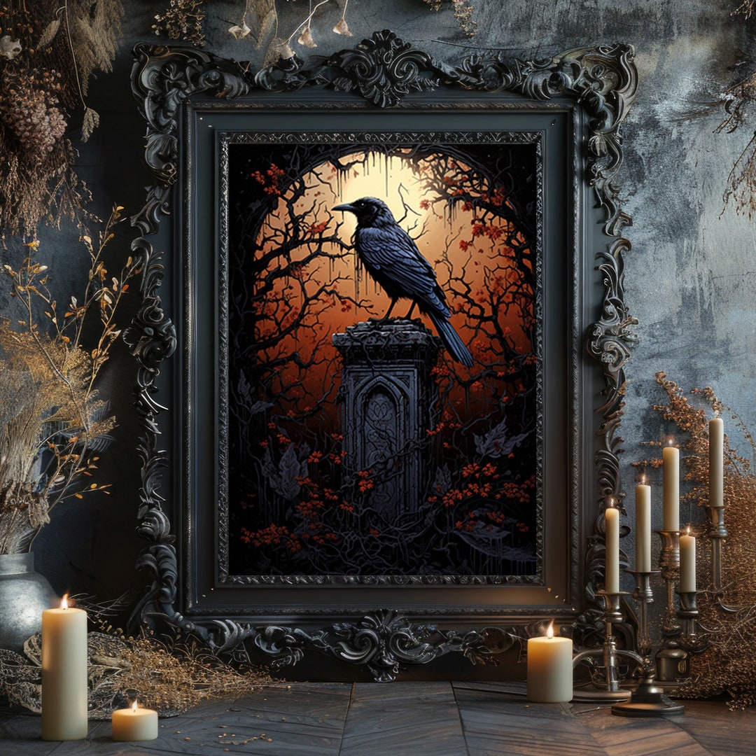 Gothic Crow Sunset Crypt, Victorian Raven at Cemetary Poster, Dark ...