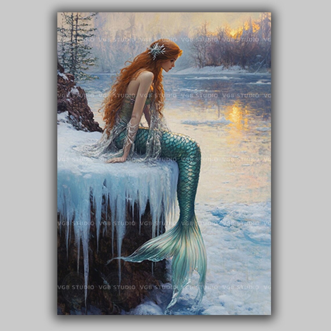 Winter Mermaid Art Print Snow Selkie Fantasy Wall Decor Ice Lake ...