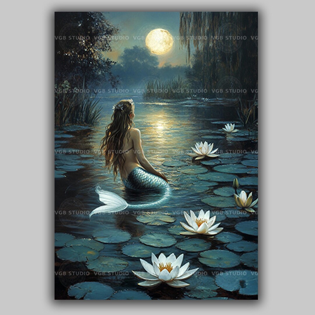 Mermaid Art Print Moonlit Lake Fantasy Wall Decor Water Lily Flowers ...