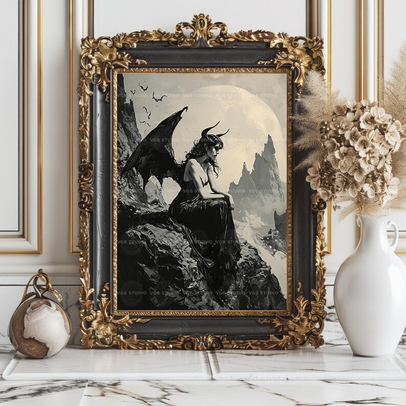 Gothic Lilith Dark Winged Woman Wall Art Print Fantasy Horned Female ...