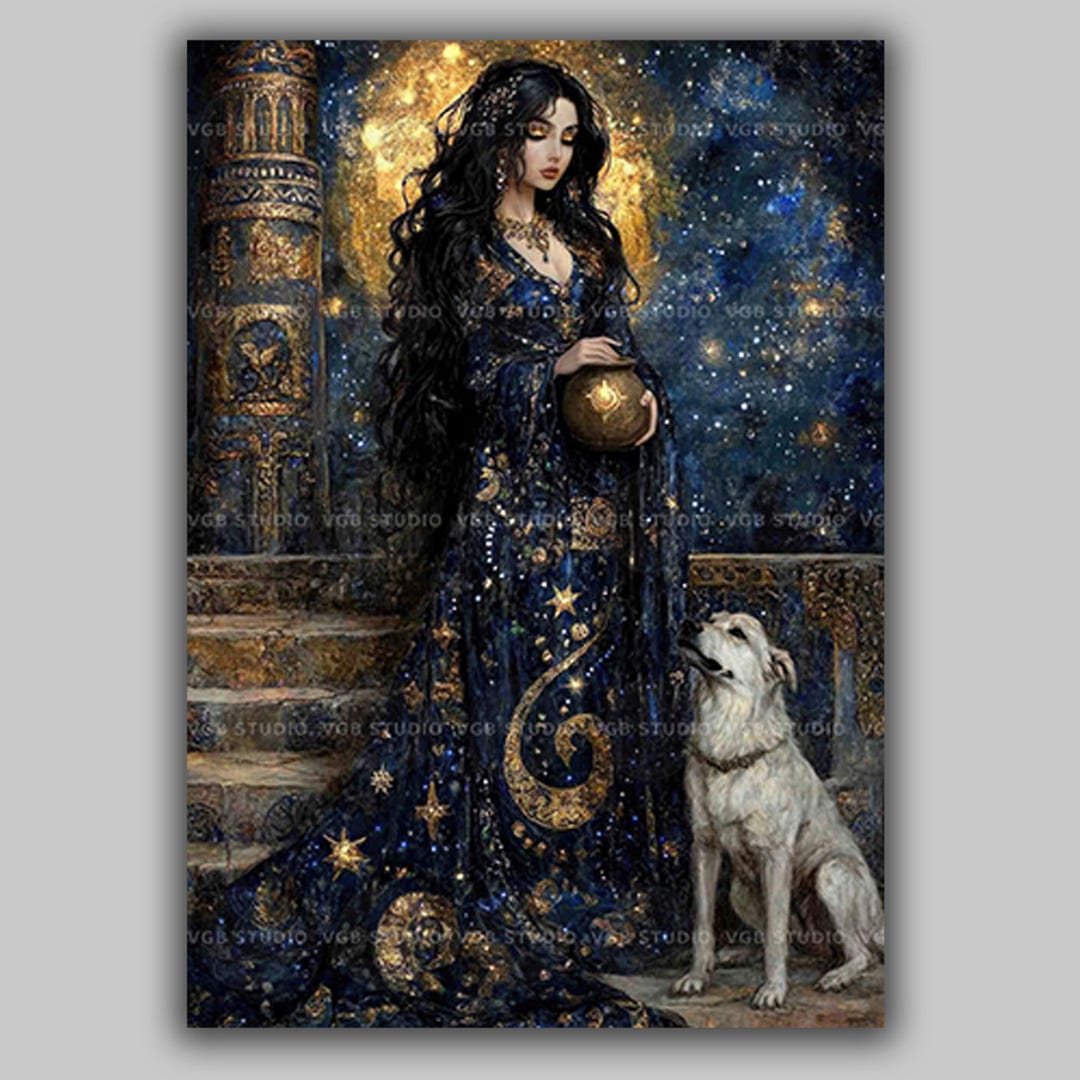 Gula Mesopotamian Healing Goddess With Celestial Robes and Dog, Starry ...