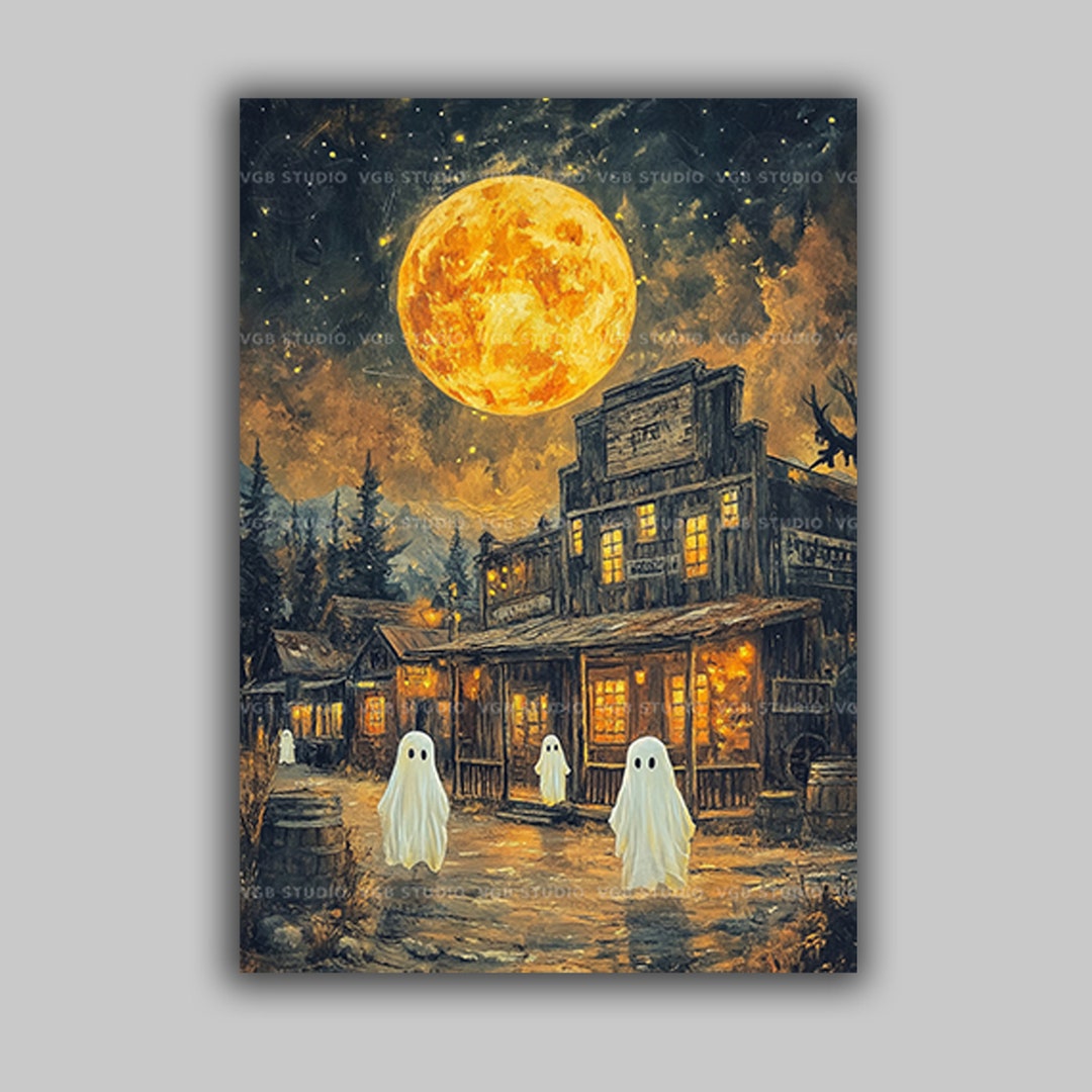 Ghost Town Art Haunted Halloween Wall Print Spooky Western Scene Full Moon Fantasy Decor Autumn ...